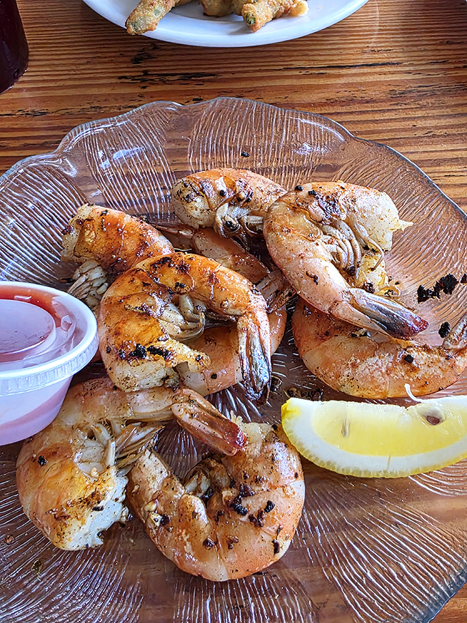 Fresh Gulf shrimp, kissed by fire and served with a squeeze of lemon – proof that Cedar Key's waters deliver treasures straight to Annie's plates.