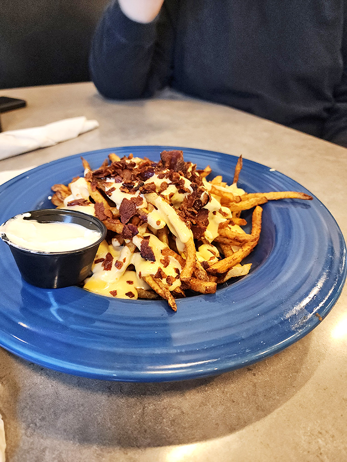 Fries elevated to art form – crispy, golden, smothered in cheese and bacon bits. The side dish that steals the spotlight and refuses to apologize for it.