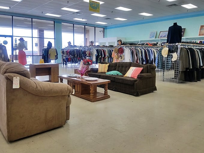 The furniture section doubles as an impromptu living room. Test-drive that sofa before committing—relationship advice that works for furniture too!