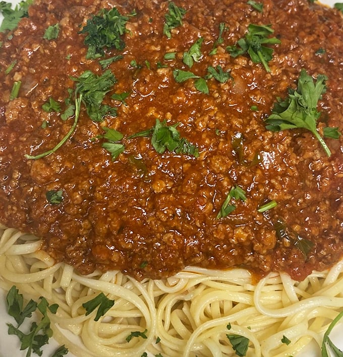 Spaghetti with meat sauce that would make any Italian grandmother nod in approval—simple, hearty, and unapologetically comforting.