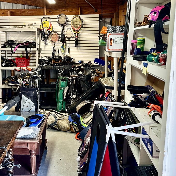 A sports equipment corner that proves one person's abandoned tennis racket is another's Wimbledon fantasy waiting to happen.