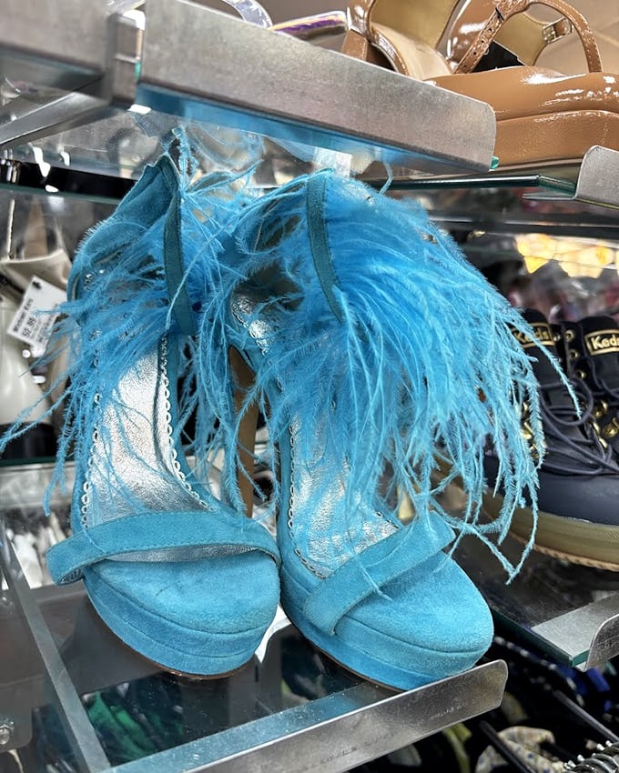 These blue feathered platforms aren't just shoes—they're conversation pieces waiting to transform an ordinary outfit into performance art.