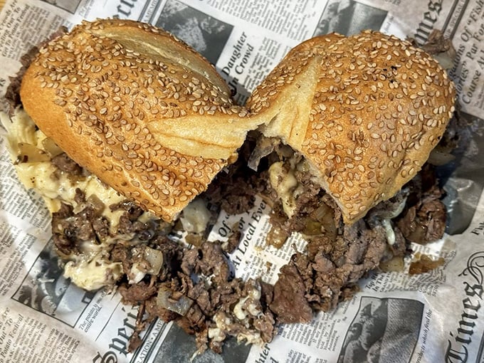 This isn't just a steak sandwich – it's edible architecture where each layer contributes to a masterpiece that would make Rocky climb those steps twice.