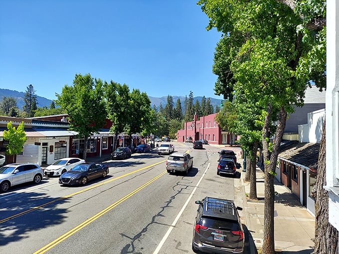 Sunlight bathes Weaverville's main drag, where parking spots outnumber cars and the mountain views come standard with every visit.