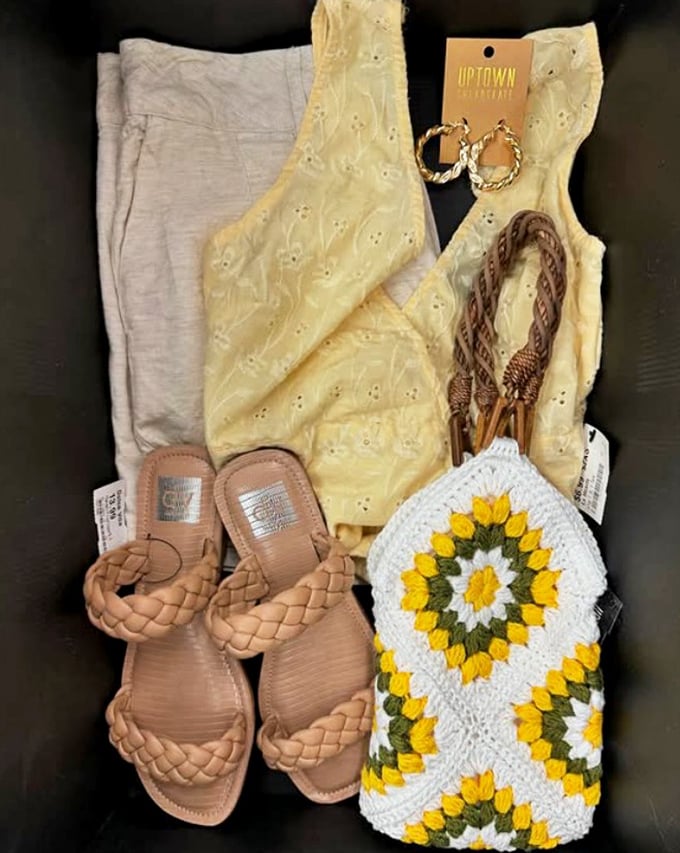 Summer style assembled with the efficiency of a Pinterest board come to life. That sunflower purse is calling your name!