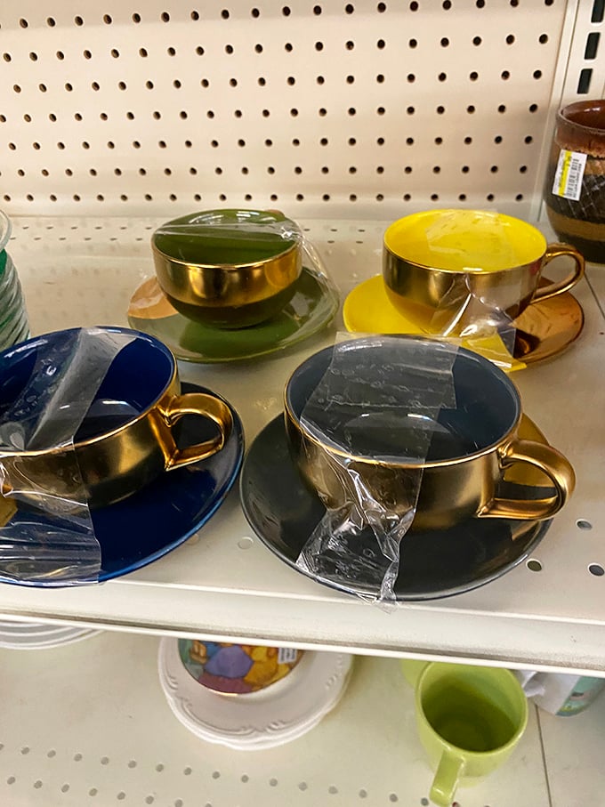Gold-rimmed teacups wrapped like precious artifacts—perfect for your next "I'm feeling fancy but fiscally responsible" moment.