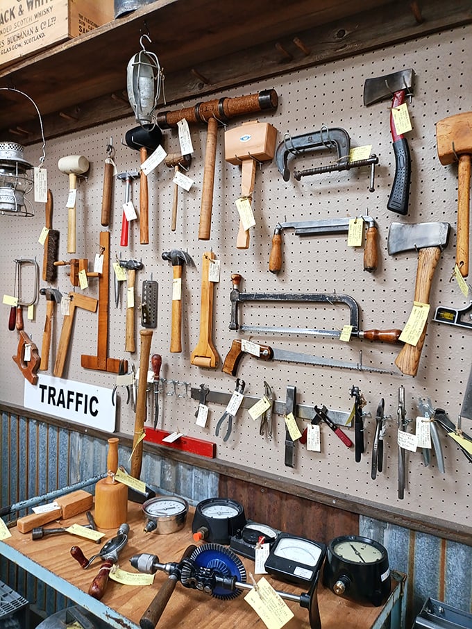 Tools that built America hang in perfect formation, each one representing craftsmanship from an era when things were made to last generations.