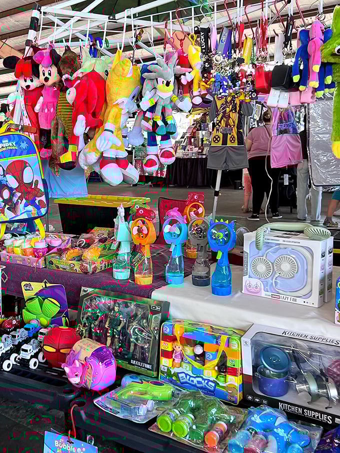 Toy vendors displaying the full spectrum of childhood joy—from licensed characters to those suspiciously familiar "Super Hero Man" knockoffs we secretly love.