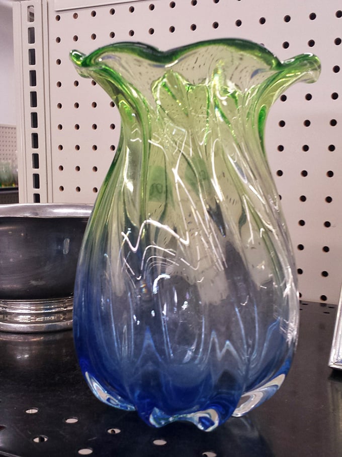 This blue-to-green ombré vase could be mass-produced or handblown art glass—the thrill is in not knowing until you Google it later.