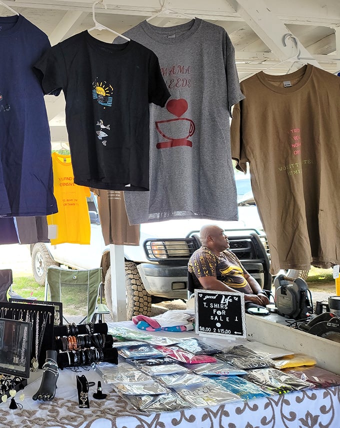 T-shirts and conversation—both available in abundance! Vendors often become part of the experience, sharing stories behind their merchandise.