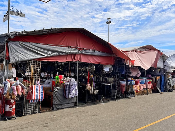 The classic flea market experience—canvas canopies sheltering treasures waiting to be discovered by the next savvy shopper.