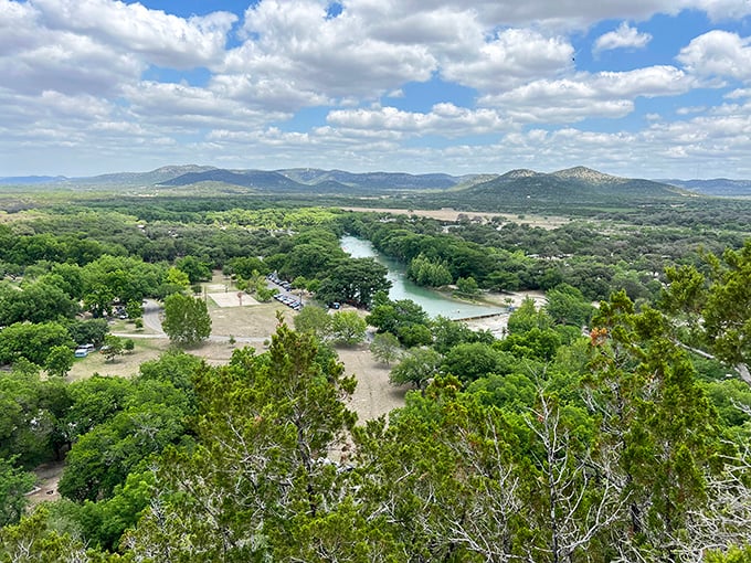 From this eagle's perch, the Frio River looks like a turquoise ribbon someone casually dropped across the Hill Country landscape.