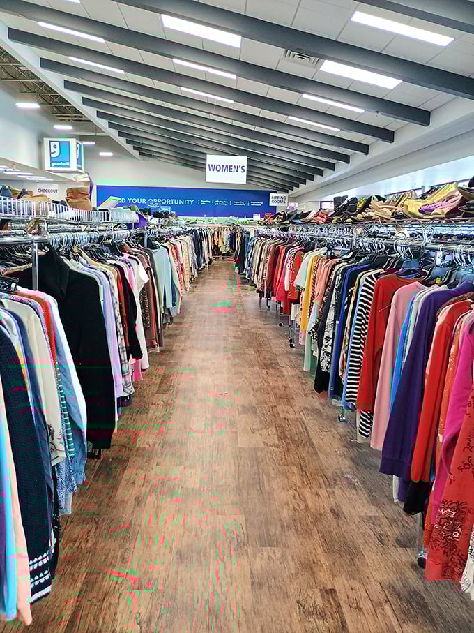 The women's section: where vintage meets modern in a rainbow of possibilities. Fashion archaeology at its most rewarding.