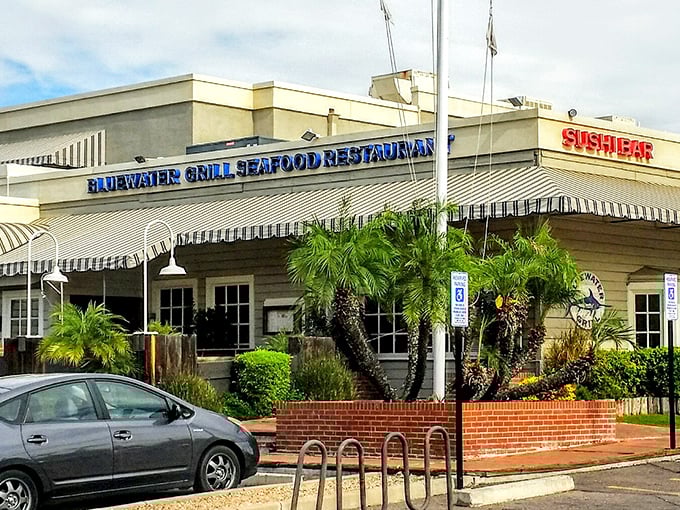 Bluewater Grill's tropical landscaping creates an oasis where California coastal dining meets Arizona sunshine perfectly.