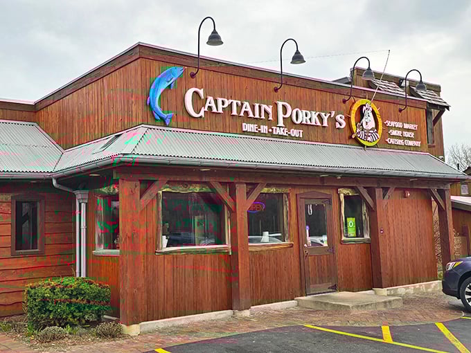 Captain Porky's rustic wooden exterior looks like it was teleported from a coastal fishing village – nautical charm in landlocked Illinois.