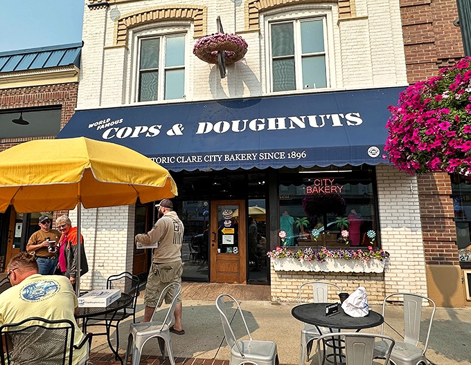 Historic Clare architecture meets modern donut excellence – where former police officers turned their passion into Michigan's sweetest success story.