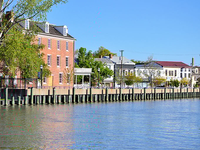Delaware City's waterfront district reflects in the river like a mirror image of America's maritime heritage.