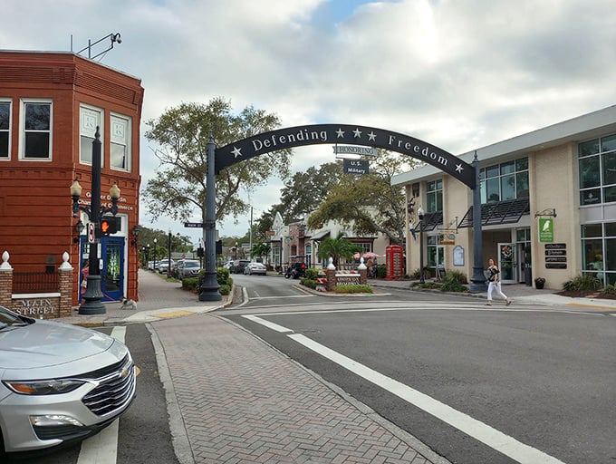 Dunedin's "Defending Freedom" arch stands like a patriotic rainbow over a street that screams "Norman Rockwell meets Jimmy Buffett."