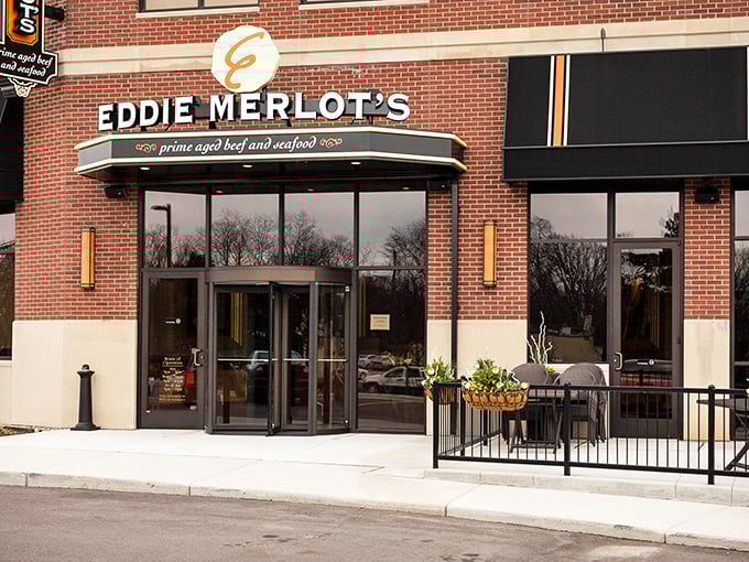 Eddie Merlot's welcomes diners with brick elegance and the promise of exceptional steaks ahead.