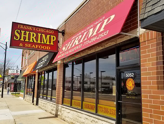 Frank's red awning signals a neighborhood gem where shrimp dreams come deliciously true.