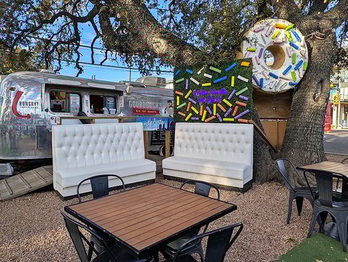 Food truck vibes meet permanent paradise under Austin's shade trees - comfort food gets creative.