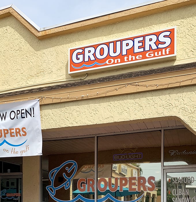 Groupers on the Gulf's vibrant signage is like a beacon for sandwich seekers – follow the orange glow to grouper greatness.