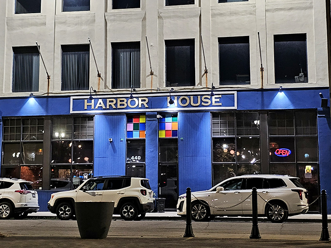 That bold blue facade brings a splash of coastal energy to downtown Detroit's concrete jungle.