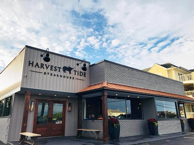 Harvest Tide's coastal-cool exterior blends nautical charm with steakhouse substance—like a sailor who knows his beef.