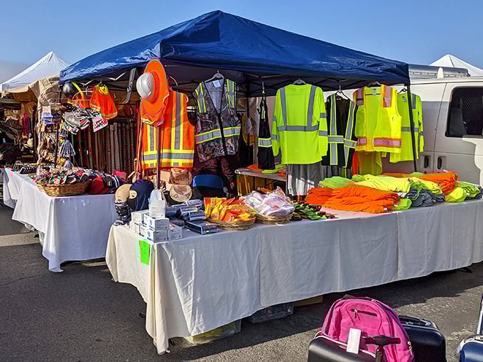 Safety vests and work gear prove that even practical items deserve their moment in flea market glory.