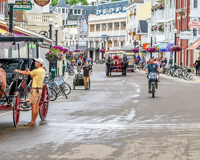 Mackinac Island's car-free streets make room for bicycles, pedestrians, and horse-drawn carriages. Transportation the way great-grandma enjoyed it!