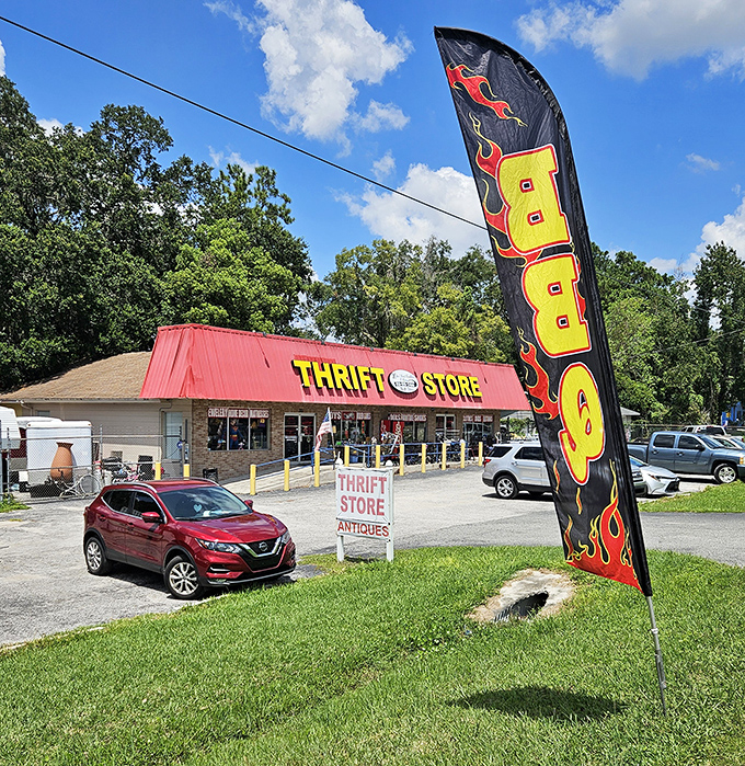 Mike's Used Furniture announces itself with a flaming banner that says "BBQ"—perhaps because the deals here are smoking hot!