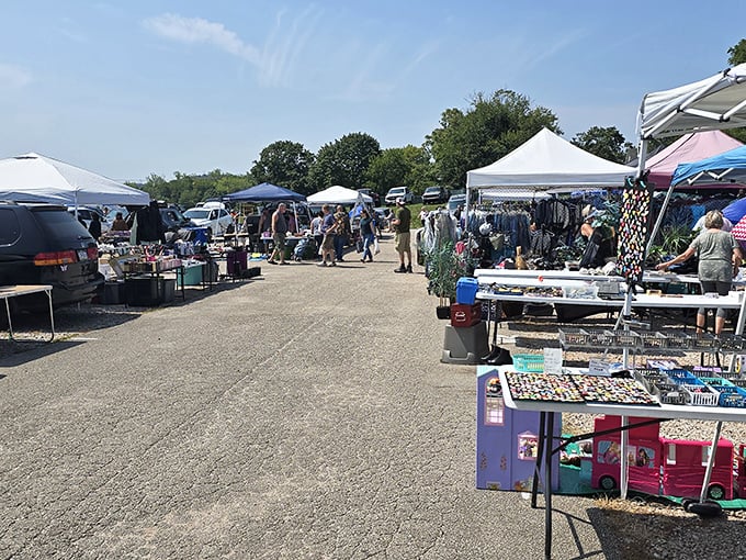 Paved pathways guide shoppers through colorful canopies in this well-organized treasure hunting destination experience.
