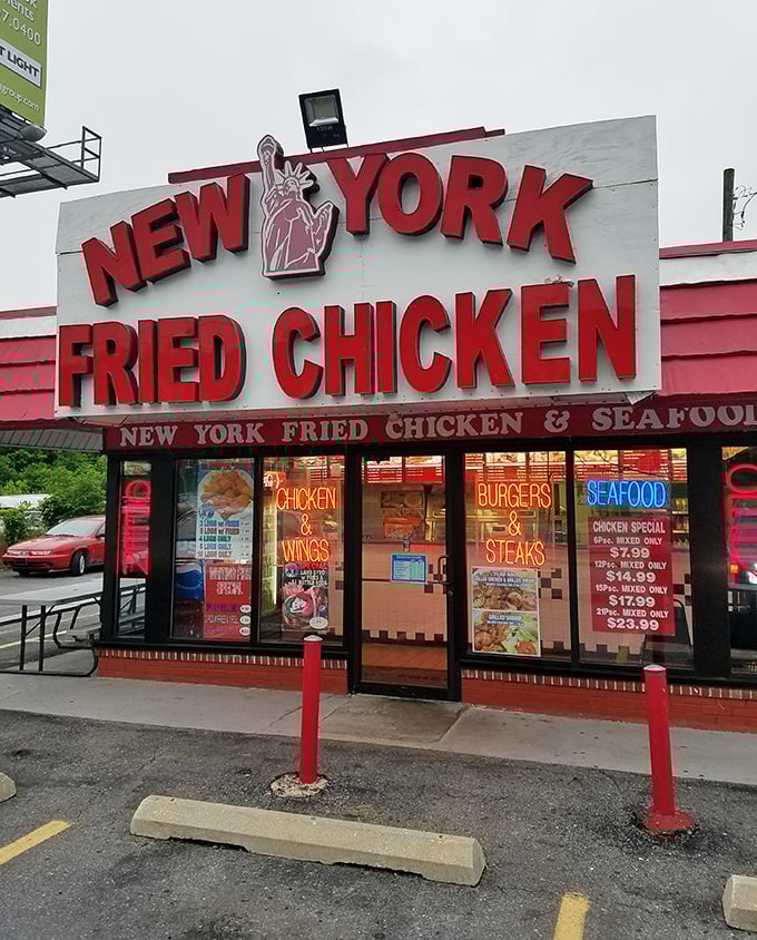 New York Fried Chicken's bold signage makes a statement as loud as its flavors – no subtlety, just straight-up deliciousness.
