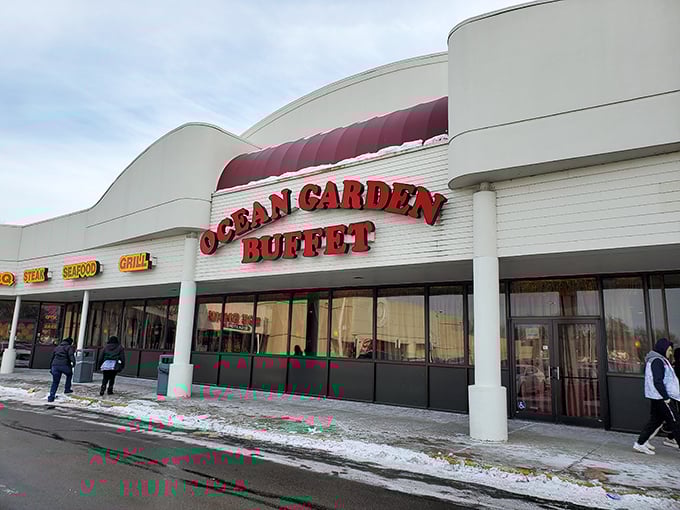 Ocean Garden Buffet's clean white exterior with bold red signage gives just a hint of the seafood treasures waiting inside this Toledo favorite.