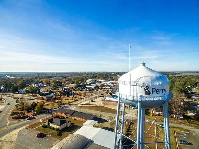 Perry's water tower watches over downtown like a friendly giant making sure everyone behaves at Sunday dinner.