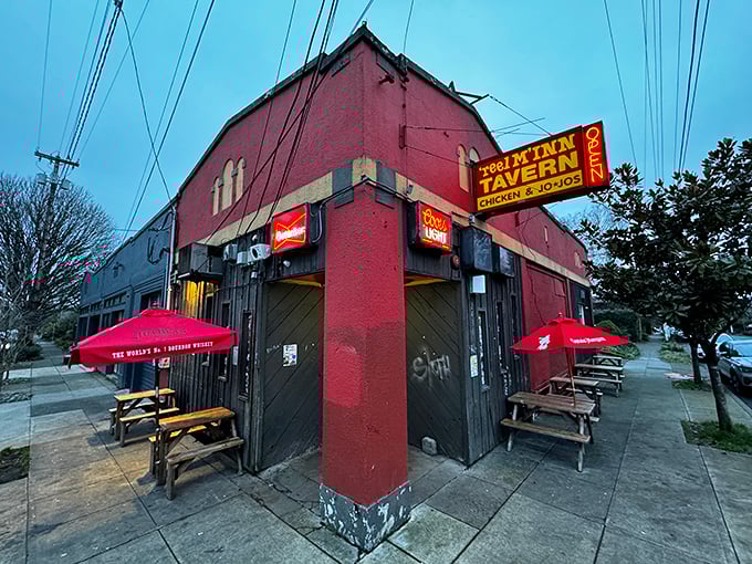 This weathered Portland tavern hides fried chicken secrets behind its vintage red walls.