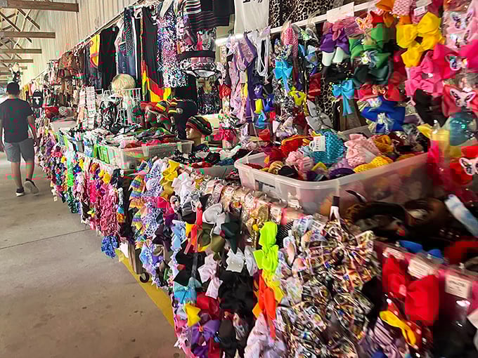 This clothing wonderland stretches like a rainbow of fabric possibilities, proving that fashion doesn't have to cost a fortune to look fantastic.