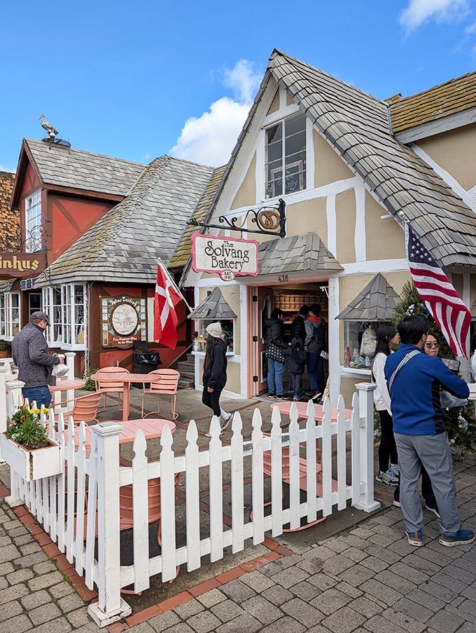 Pink tables and fairy tale architecture make this bakery look like Disneyland's Danish cousin.