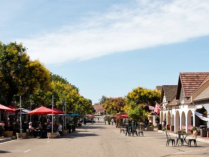 Solvang's charming pedestrian plaza invites leisurely strolls between Danish bakeries and boutique shops.