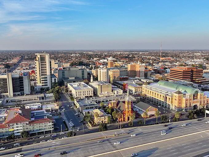 Stockton's skyline catches golden hour like a Broadway star in the spotlight—where steeples and skyscrapers tell California's evolving story.