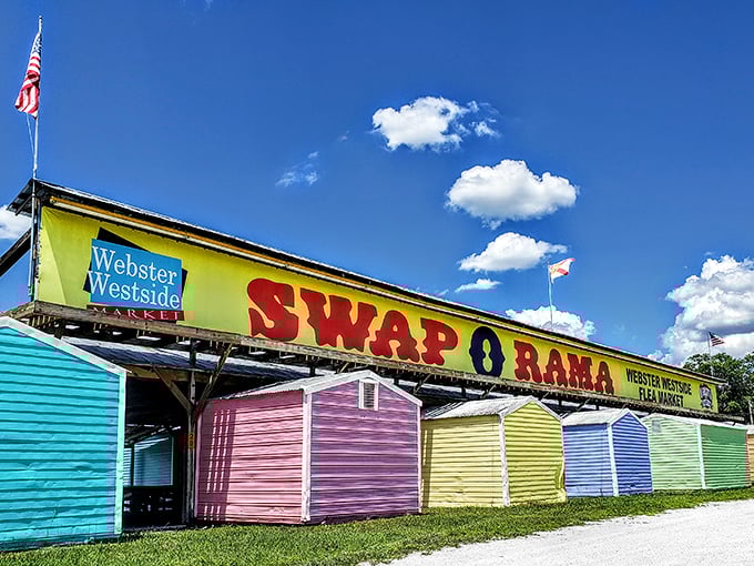 Those colorful beach hut-style booths house everything from vintage vinyl to tomorrow's family heirloom discoveries.