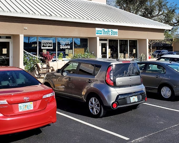 The HOPE Shop's clean lines and inviting entrance set the tone for a boutique thrifting experience.
