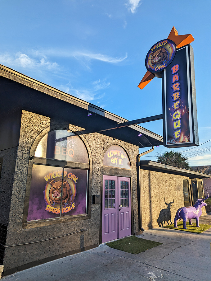 Wicked Oak's vibrant murals celebrate barbecue culture with the kind of artistic flair that matches their flavorful food.