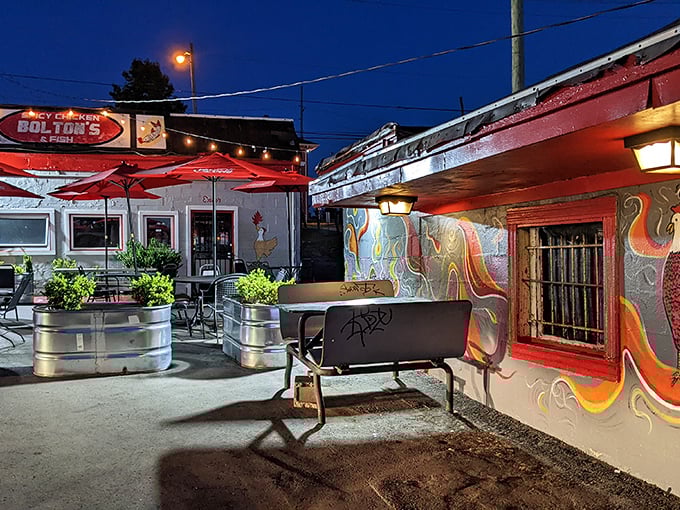 String lights transform Bolton's outdoor area into a spicy chicken block party. Where midnight cravings meet their match.