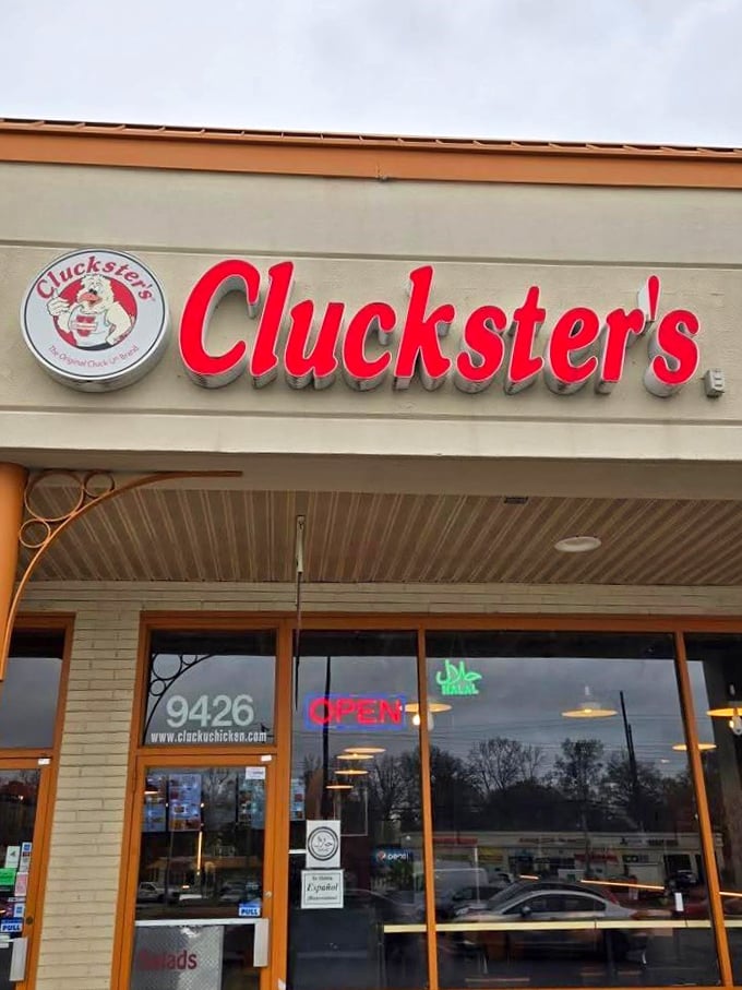 The bright Cluckster's sign promises halal chicken worth crossing county lines for. Sometimes the best food comes from the most unassuming places.
