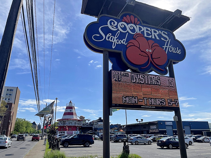 The classic Cooper's Seafood House sign promises the legendary dining experience locals have loved for decades.