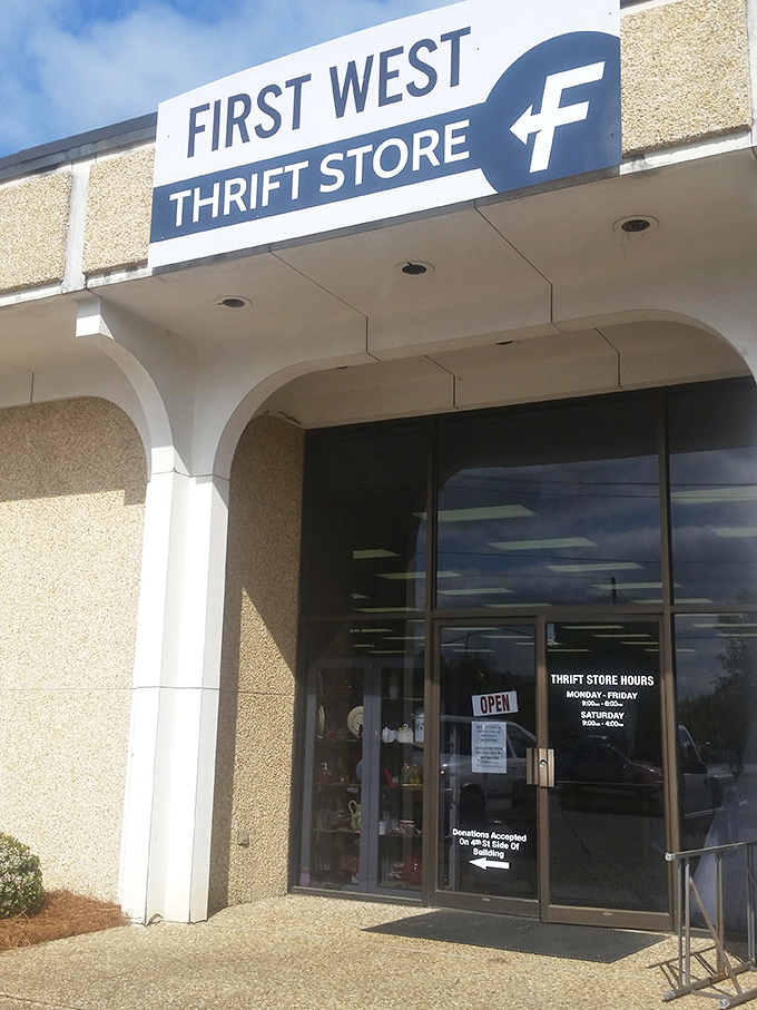 The blue "F" logo marks the spot where thrift shopping becomes an art form—and your budget breathes a sigh of relief.