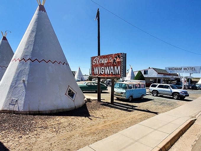 "Sleep In A Wigwam" isn't just novelty – it's nostalgia at nice prices, where classic cars and concrete teepees transport you to affordable yesteryears.