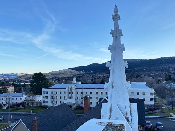 La Grande rests quietly under brilliant blue skies, its white spire reaching toward the heavens and the hills whispering stories of Oregon’s tranquil past.