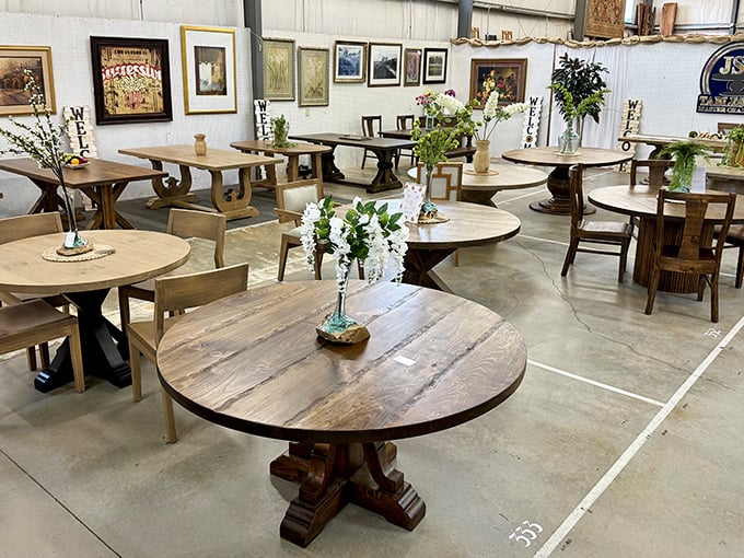 Round dining tables showcase the market's furniture finds, proving monthly visits yield year-round treasures.